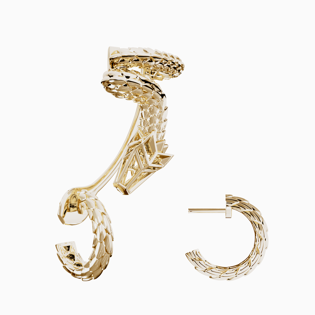 Gold Dragon Conch Earring with Dragon Scale Hoop Stud Set | Ecksand